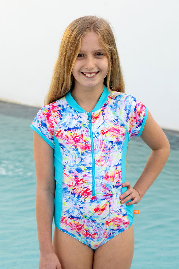 Salty Ink Girls Cosmik Crush Short Sleeve Sunsuit Blue Multi