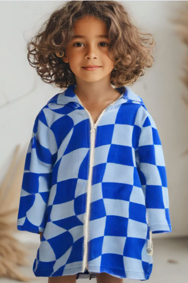 Back Beach Co - Kids Tidal Checker Hooded Towelling Robe 5-7Y - Blue