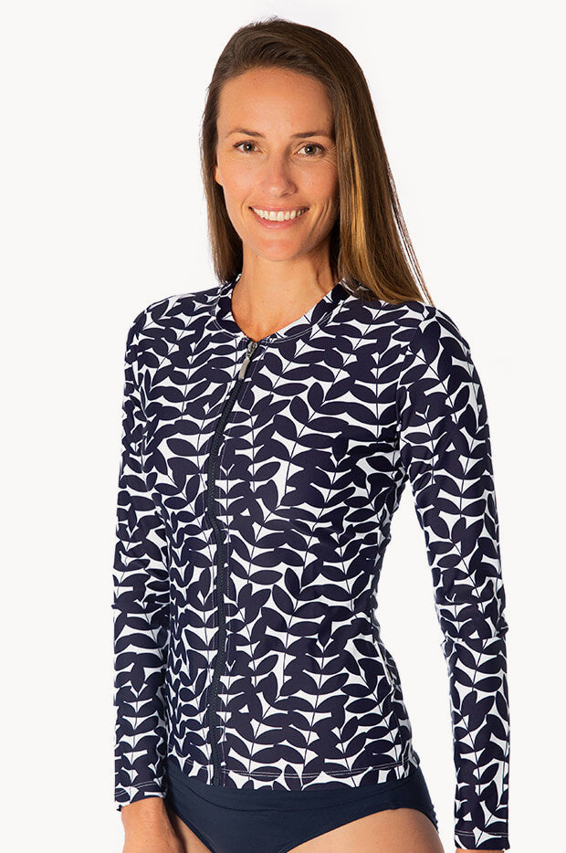 Babes In The Shade - Blue Acacia Long Sleeve Rashie - Navy/White