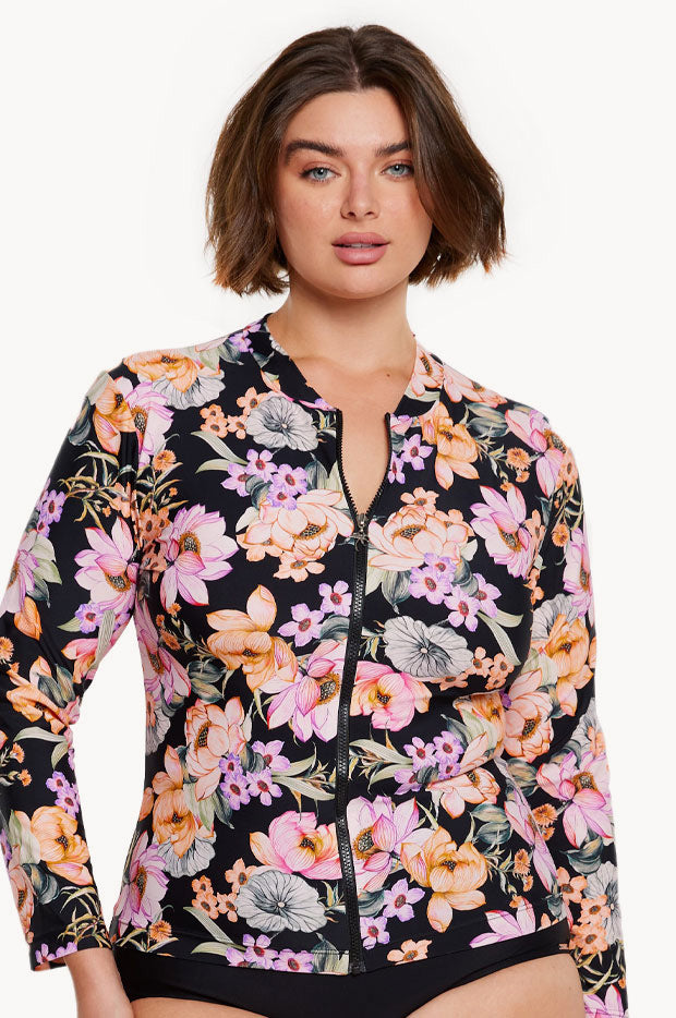 Capriosca - Kokomo Long Sleeve Suntop - Black/Coral | Swimwear Galore AU