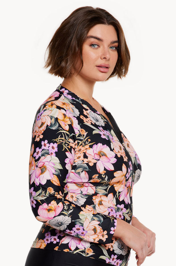 Capriosca - Kokomo Long Sleeve Suntop - Black/Coral | Swimwear Galore AU