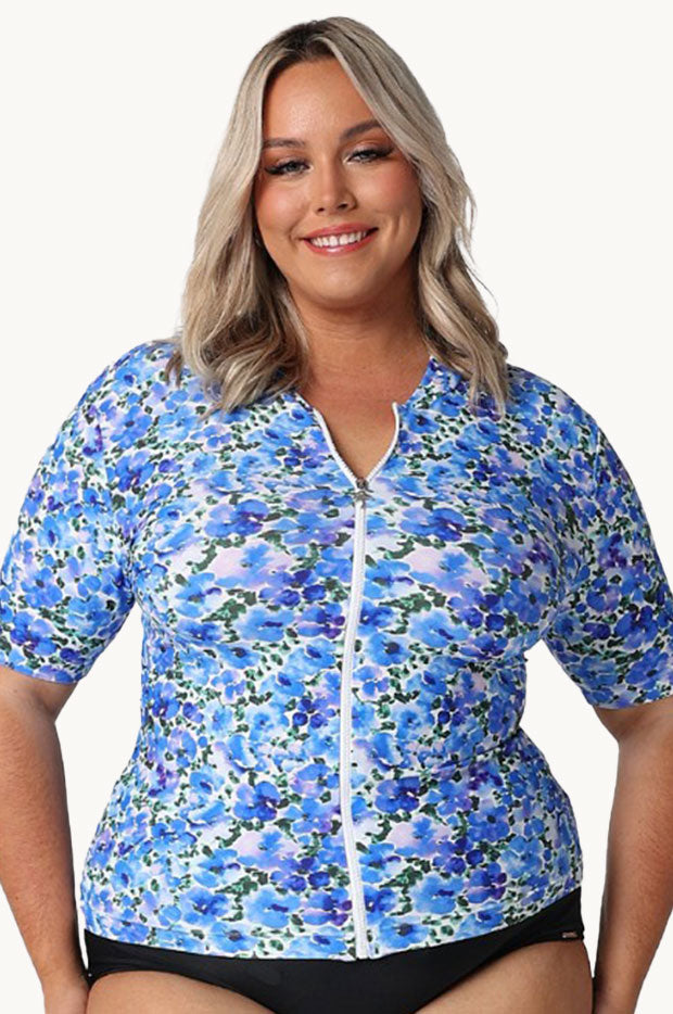 Capriosca - Pansy Short Sleeve Zip Suntop - White/Purple | Swimwear ...