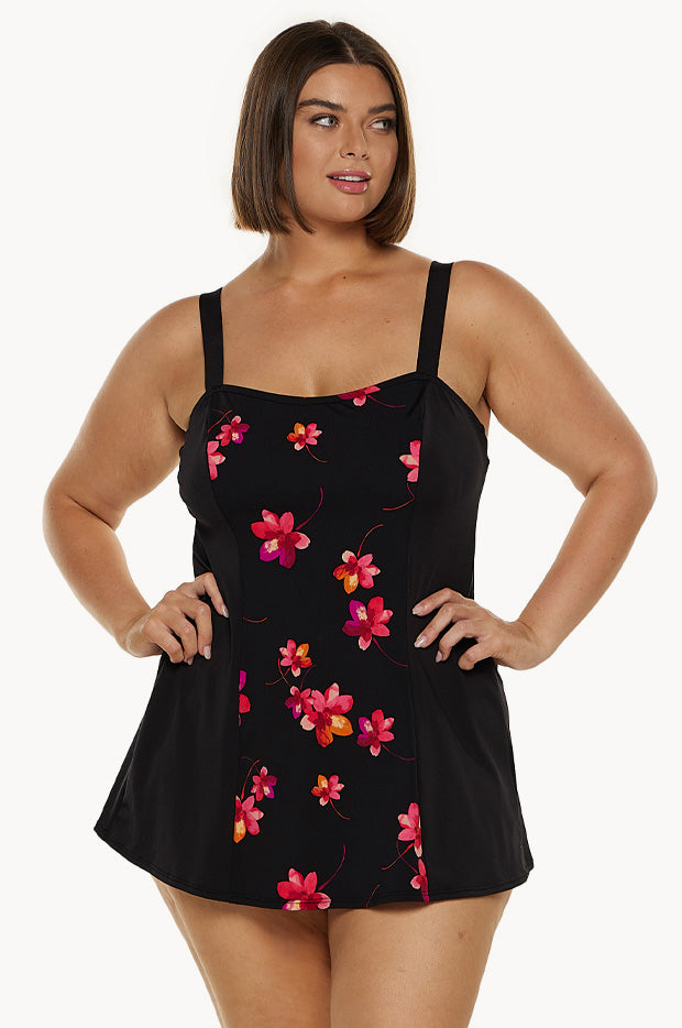 Capriosca - Pink Petals Swim Dress - Black/Pink | Swimwear Galore AU