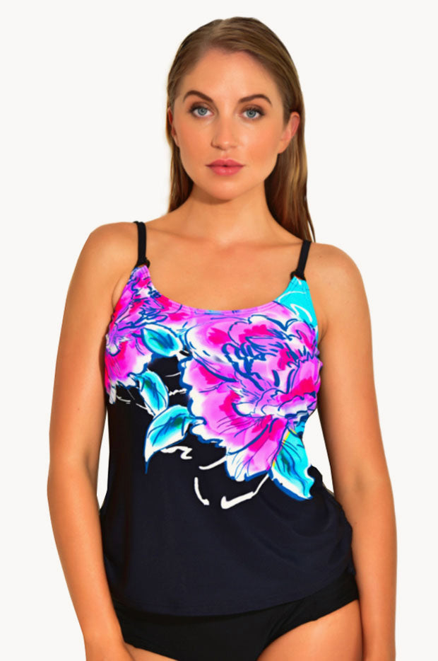 Femme De La Mer - Wild Rose Tie Side Tankini Separate - Black/Multi