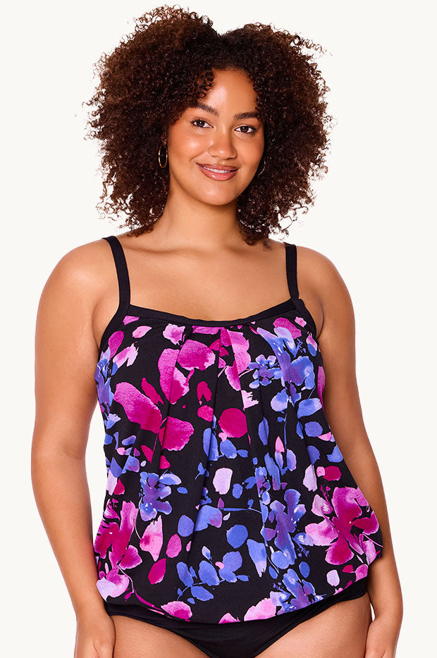 Genevieve - Paper Flowers Blouson Tankini Separate - Black/Purple
