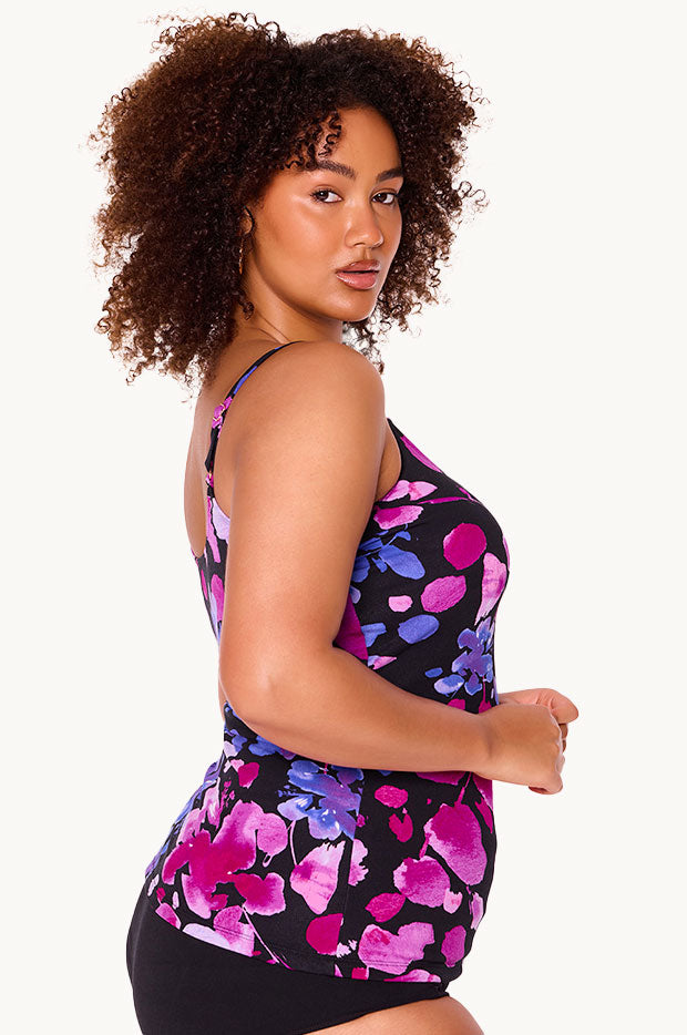 Genevieve - Paper Flowers Scoop Neck Tankini Separate - Black/Purple