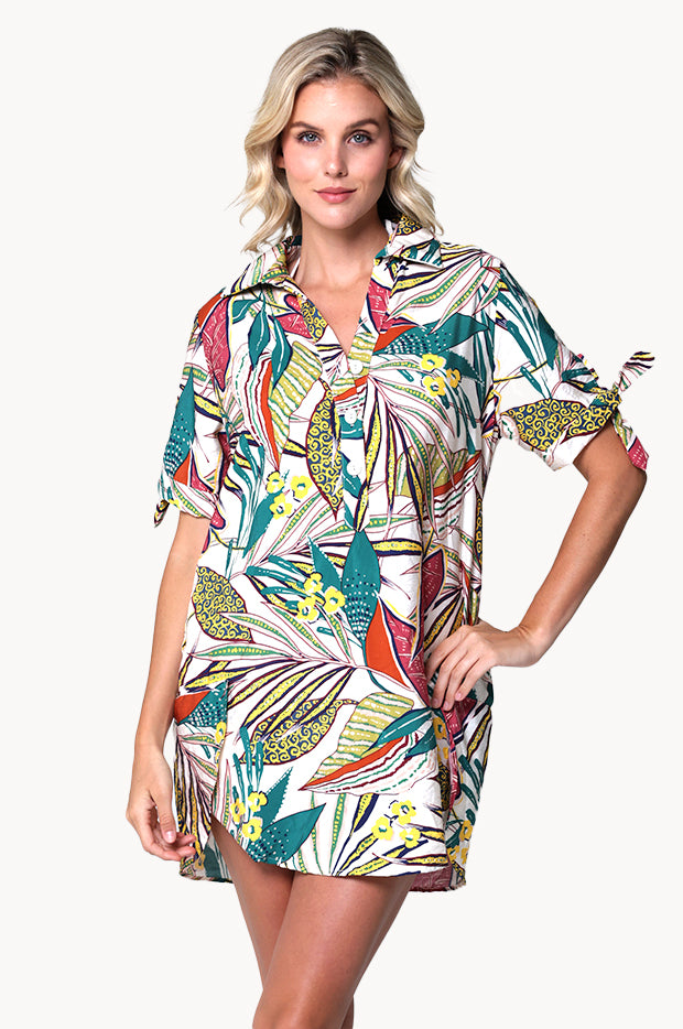 J.valdi - Funky Palm Tie Sleeve Button Shirt - Multi | Swimwear Galore US