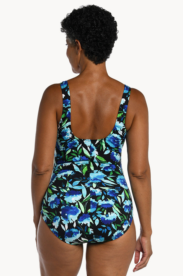 Maxine - Dandelion Fields Ruched Side One Piece + - Black/Blue