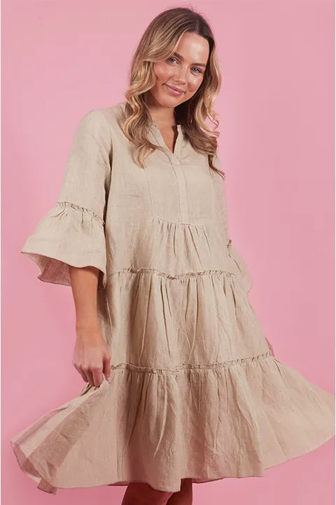 Linen Layered Frill Sleeve Dress – Swimwear Galore