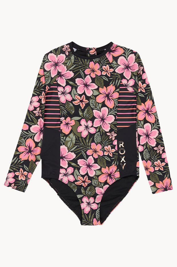 Roxy - Girls Active Floral Long Sleeve Sunsuit - Black/Pink | Swimwear ...