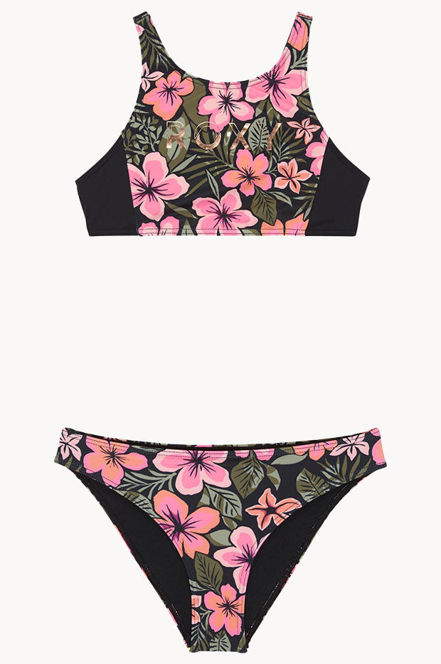 Roxy - Girls Active Floral Crop Set - Black/Pink | Swimwear Galore US