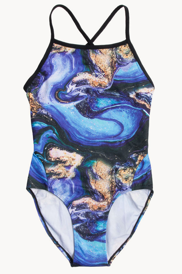 Slix Australia - Girls Gold Rush One Piece - Navy/Gold | Swimwear Galore AU
