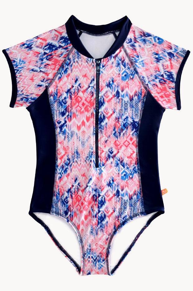 Salty Ink - Girls Vintage Vacay Short Sleeve Sunsuit - Pink/Blue