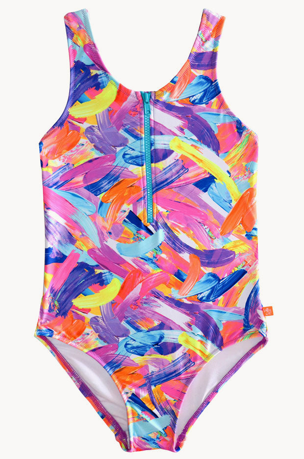 Salty Ink - Girls Paint Craze Zip One Piece - Multi | Swimwear Galore AU