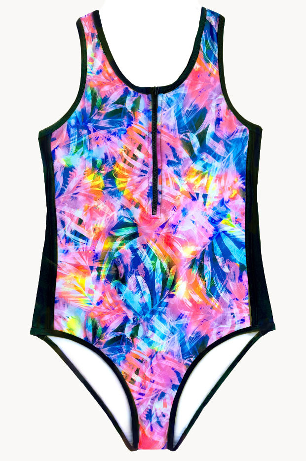 Salty Ink - Girls Sugar Palm Zip One Piece - Black/Multi | Swimwear ...