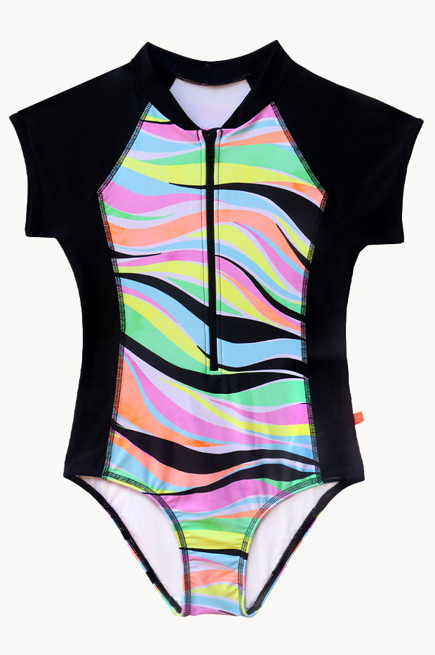 Salty Ink - Girls Coastal Wave Short Sleeve Sunsuit - Neon | Swimwear ...