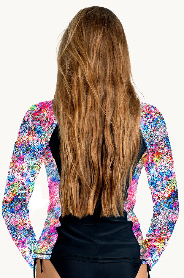 Salty Ink Santorini Long Sleeve Suntop Black/Multi | Swimwear Galore AU