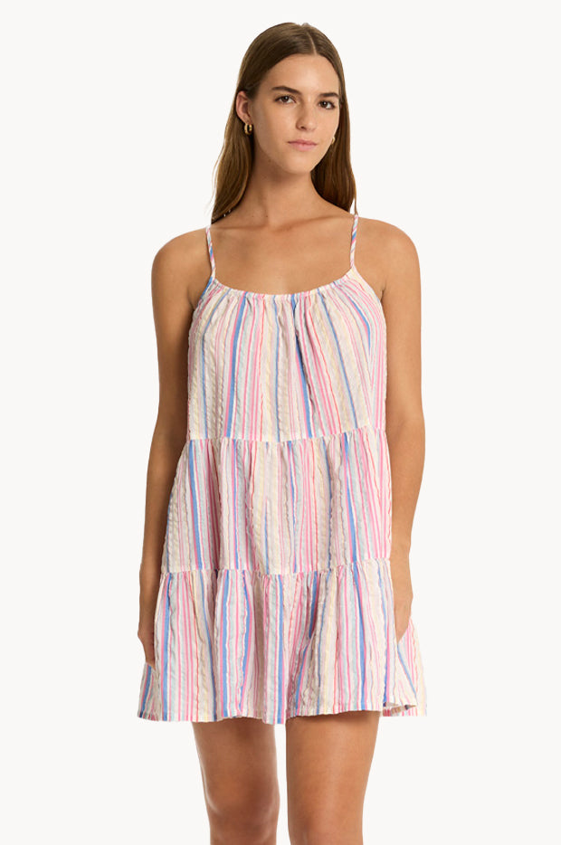 Sea Level - Boho Stripe Tie Back Short Sundress - Blue | Swimwear Galore AU