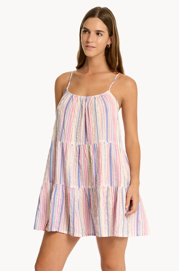 Sea Level - Boho Stripe Tie Back Short Sundress - Blue | Swimwear Galore US
