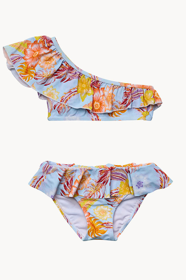 Snapper Rock - Girls Boho Tropical One Shoulder Frill Crop Set - Blue
