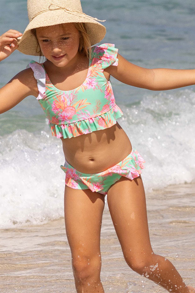 Snapper Rock Girls Coastal Shells Frill Crop Set Green Swimwear