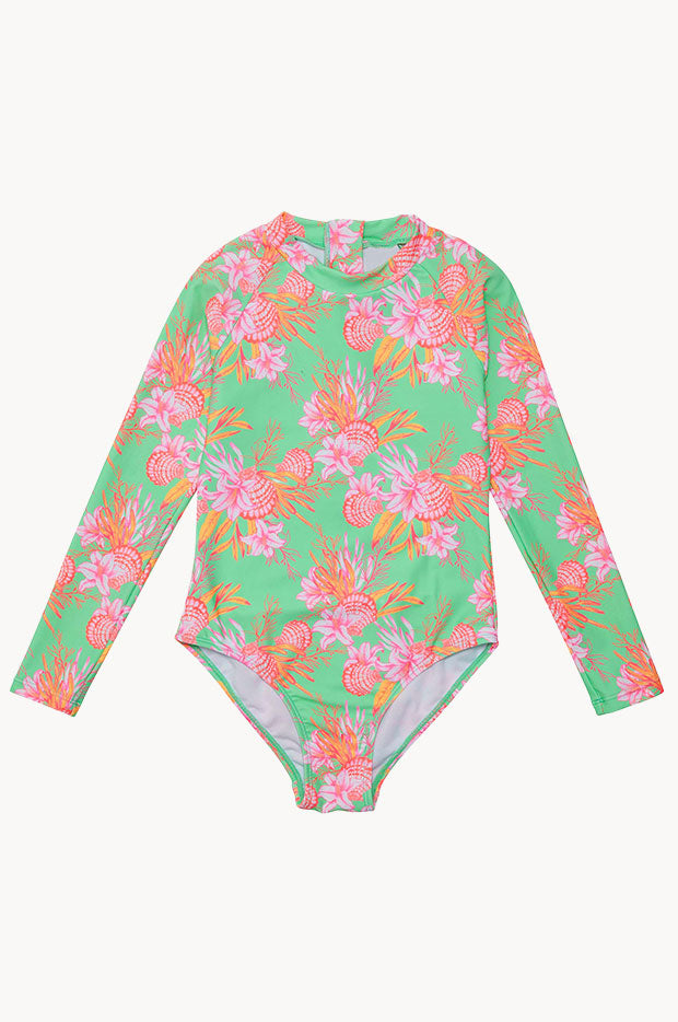 Snapper Rock - Girls Coastal Shells Sunsuit - Green | Swimwear Galore AU