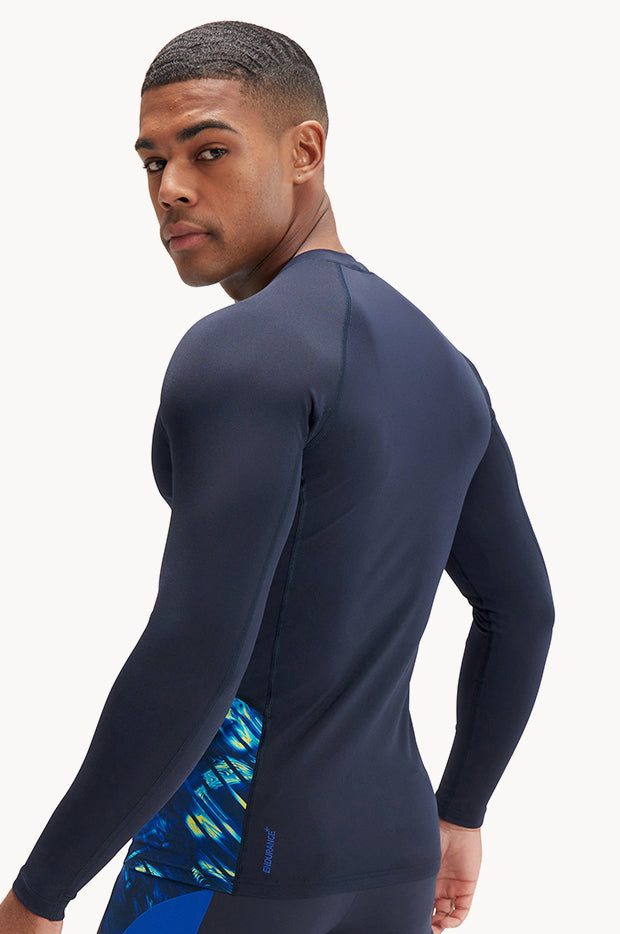 Speedo - Mens Printed Long Sleeve Suntop - Navy/Blue | Swimwear Galore US
