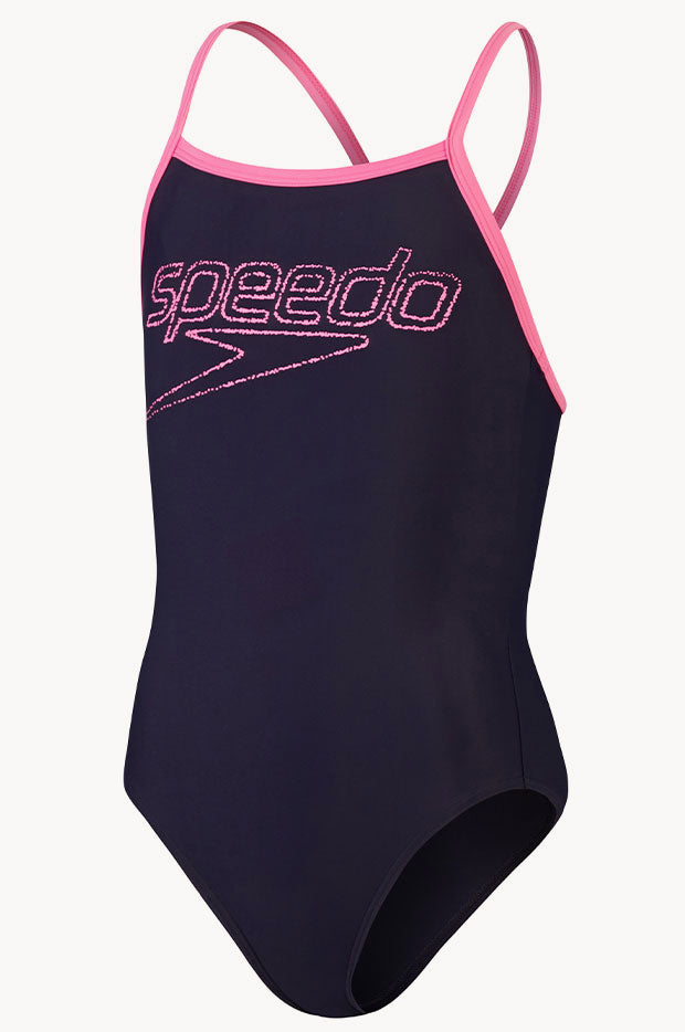 Speedo Girls Logo Thinstrap Muscleback One Piece Navy/Pink | Swimwear ...