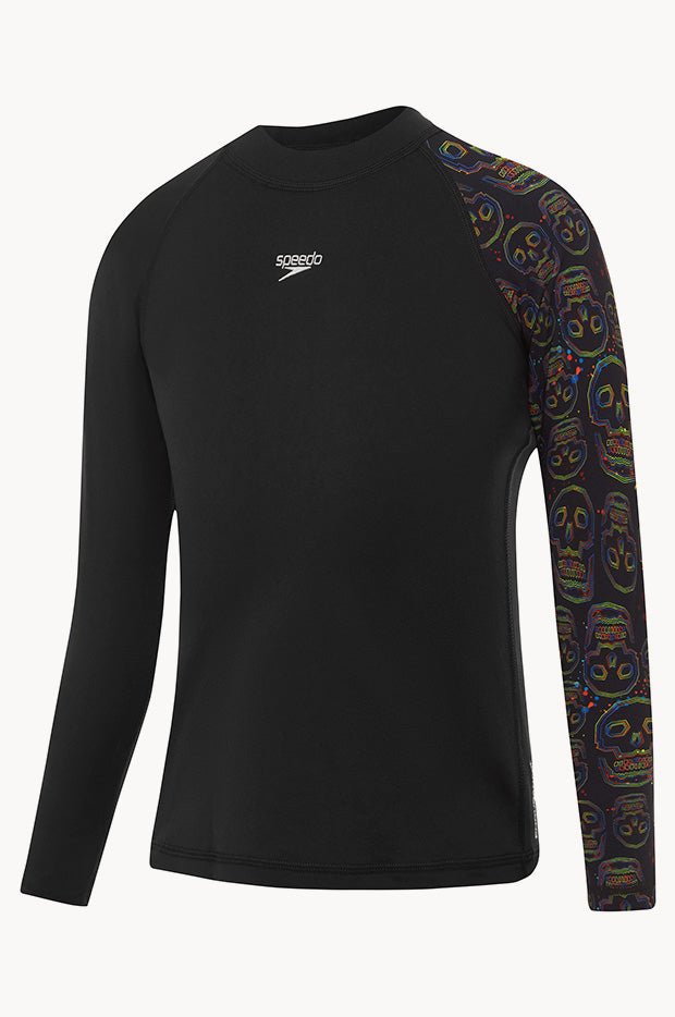 Speedo - Boys Skull Long Sleeve Suntop - Black/Multi | Swimwear Galore AU