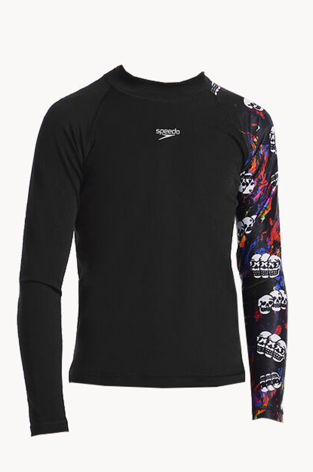 Speedo - Boys Skull Long Sleeve Suntop - Black/Multi | Swimwear Galore AU