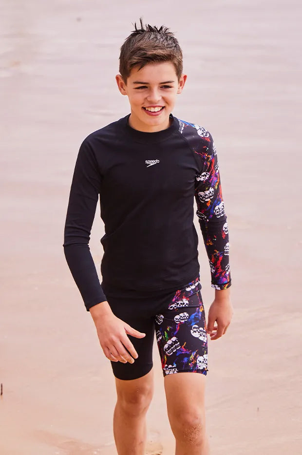 Speedo - Boys Skull Long Sleeve Suntop - Black/Multi | Swimwear Galore AU