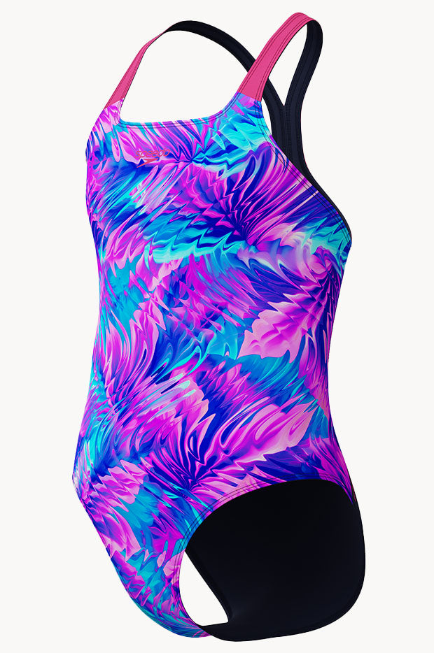 Speedo - Girls Allover Print Powerback One Piece - Pink/Blue
