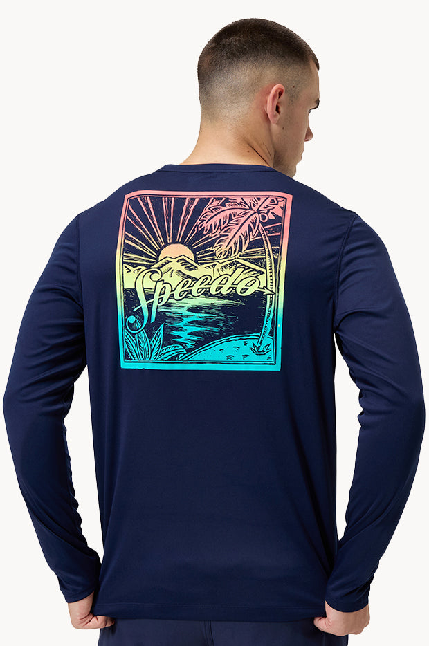 Speedo - Mens Graphic Long Sleeve Suntop - Navy | Swimwear Galore AU