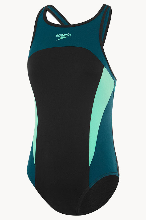 Speedo Splice Cross Back High Neck One Piece Black/Teal | Swimwear ...