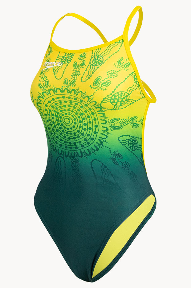 Speedo - Paris Replica Printed V Back One Piece - Green/Yellow