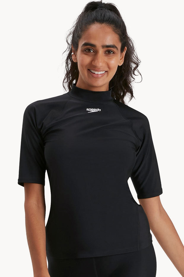 Speedo - Plain Short Sleeve Suntop - Black/White | Swimwear Galore AU
