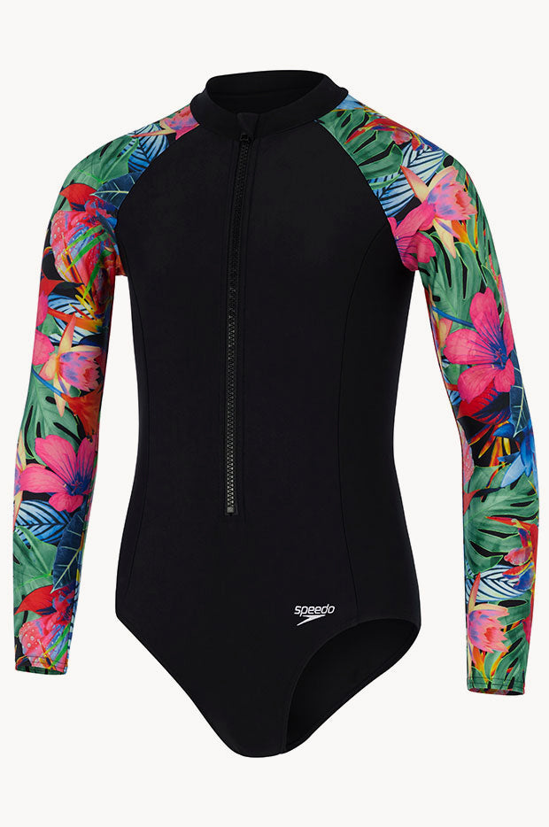 Speedo Girls Tropical Long Sleeve Paddle Suit Black/Multi | Swimwear ...