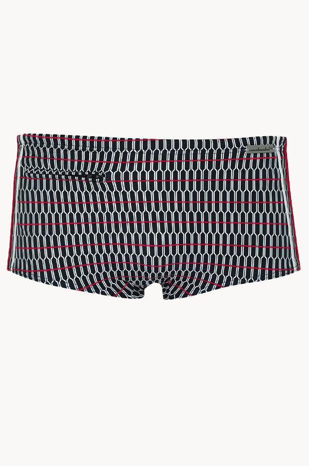 Wavebreaker - Mens Geo Splice Zip Trunk - Black/Red | Swimwear Galore US